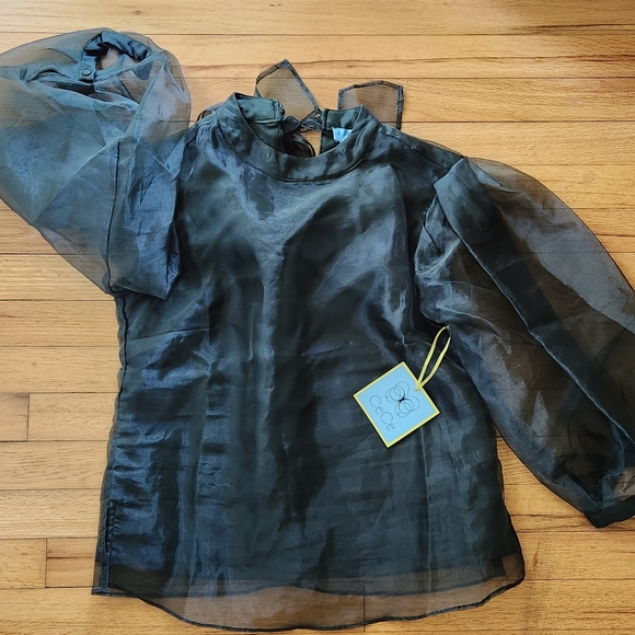 CeCe | Tops | Cece Dark Green Organza Puff Sleeve Blouse | Poshmark